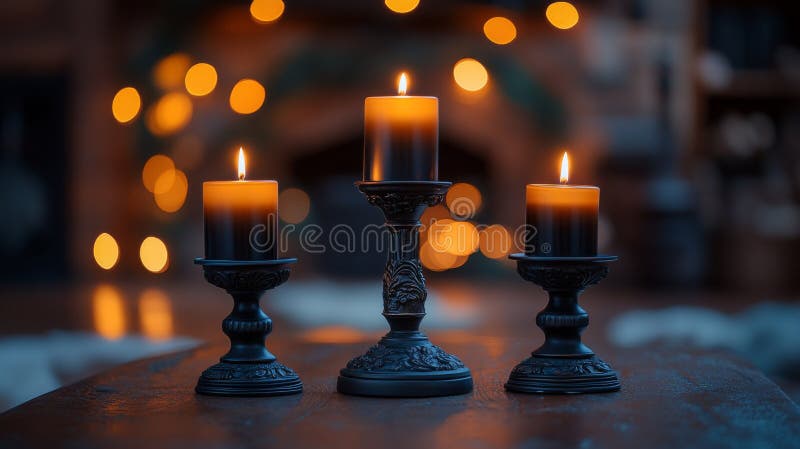 Three Burning Candles on Ornate Black Candle Holders Stock Illustration ...