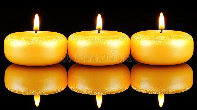 Three Burning Yellow Candles Reflect on Black Stock Photo - Image of ...