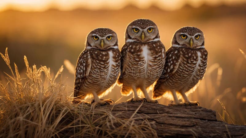 Golden Hour Trio: Three Burrowing Owls Perched on a Log at Sunset Stock ...