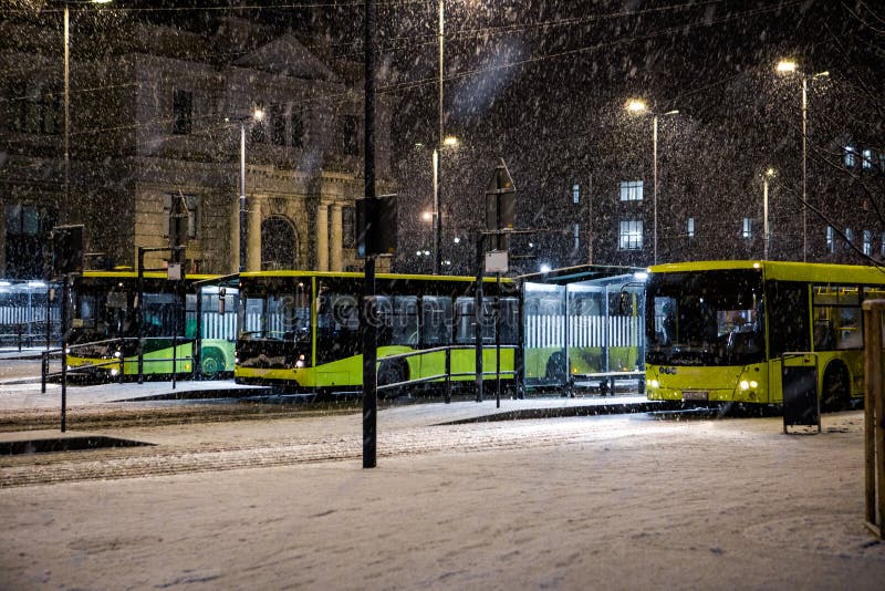 Three Buses at Bus Stop in Front of Reconstructed Lviv Railway Station ...