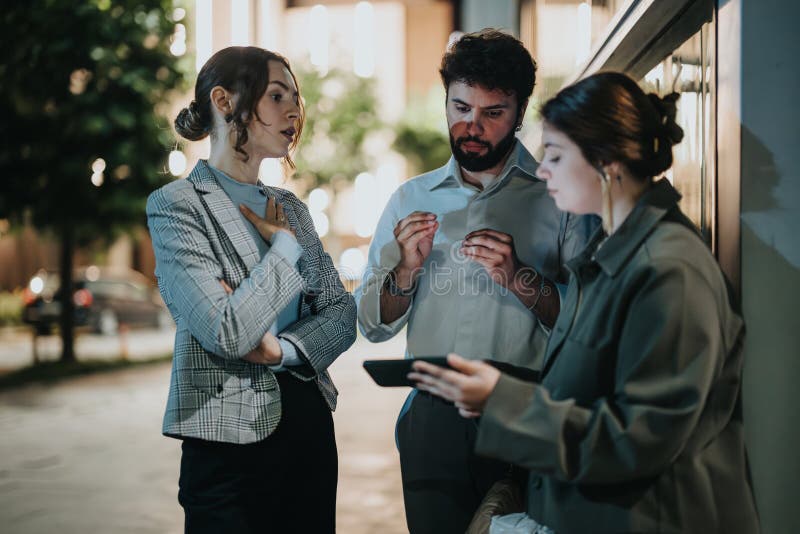 Group of Business Colleagues Discussing Work Outside at Night Stock ...