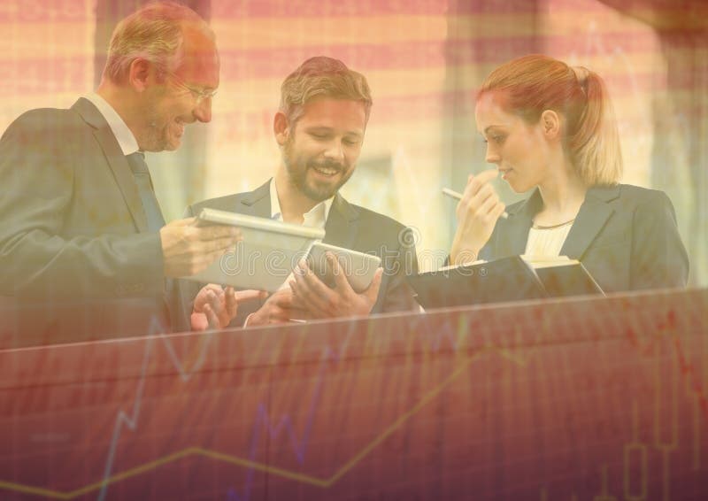 Three Business People at Balcony with Orange Chart Graphic Overlay ...