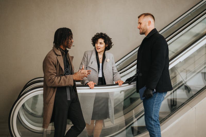 Three Business People in Winter Attire Engage in a Friendly Discussion ...
