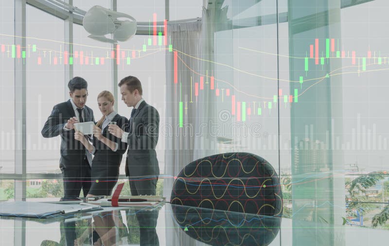 Three Business Person Discussing with Graph Layer Effect Stock Photo ...
