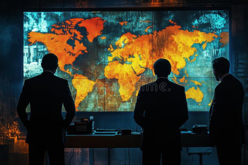 Three Business Professionals Analyze a World Map on a Large Screen in an Office Setting during a ...