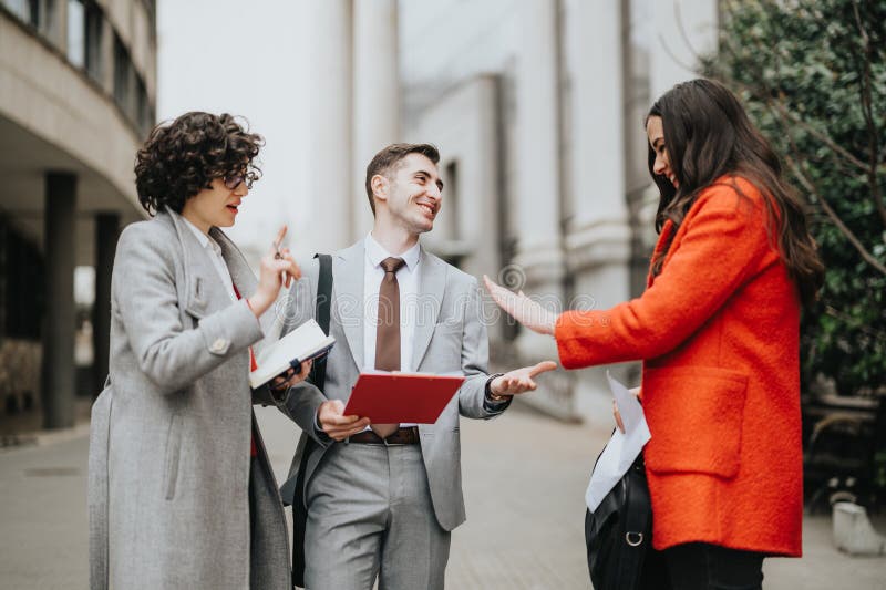 Dynamic Business Team in Discussion Outside a Modern Office Building ...