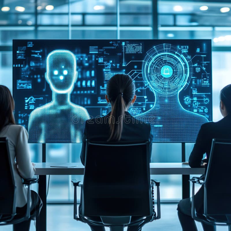 Three Business Professionals Observe a Digital Display Showing a ...