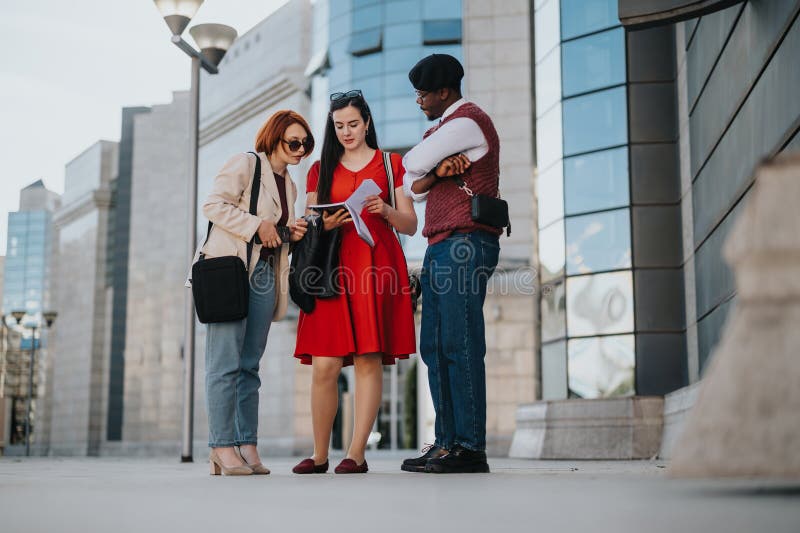 Business Colleagues Discussing Work Outside Modern Office Building ...
