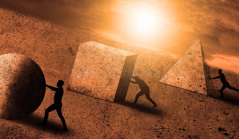 Three Businessman Pushing Different Rock Blocks Stock Image - Image of ...