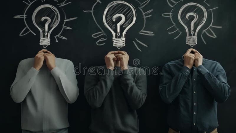 Three Businessmen Thinking Hard with Question Marks Inside Light Bulbs ...