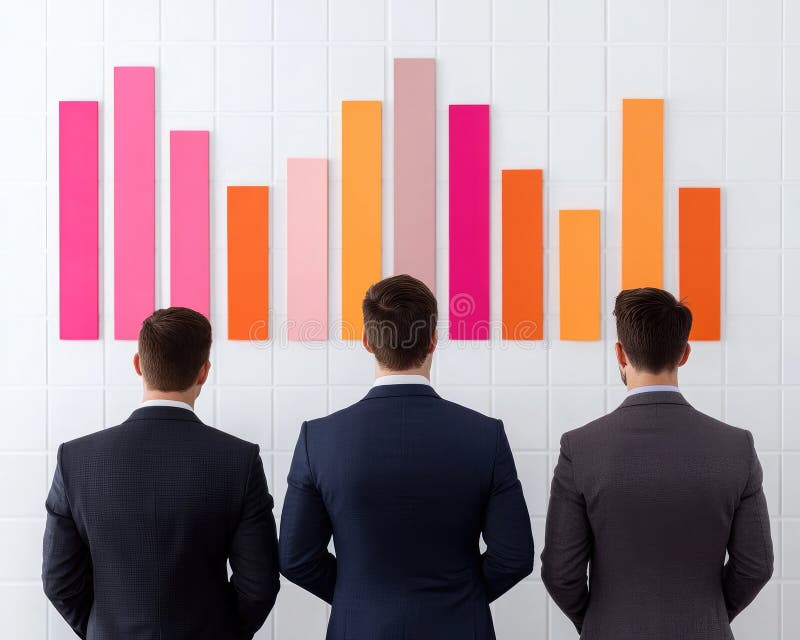 Three Businessmen Observing Colorful Bar Graphs on a Wall, Symbolizing ...