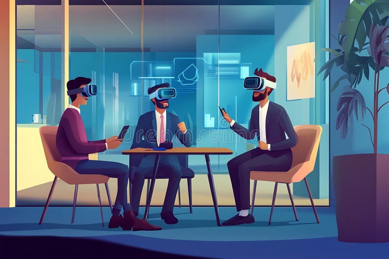 Three Businessmen Wearing VR Headsets Collaborating Around a Table in a ...