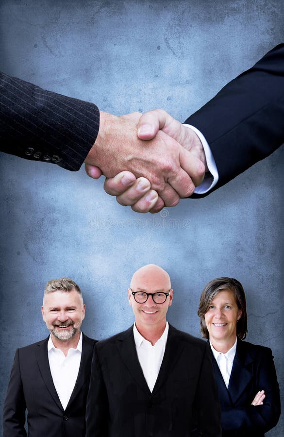 Three Businesspeople and a Handshake Stock Image - Image of consulting ...