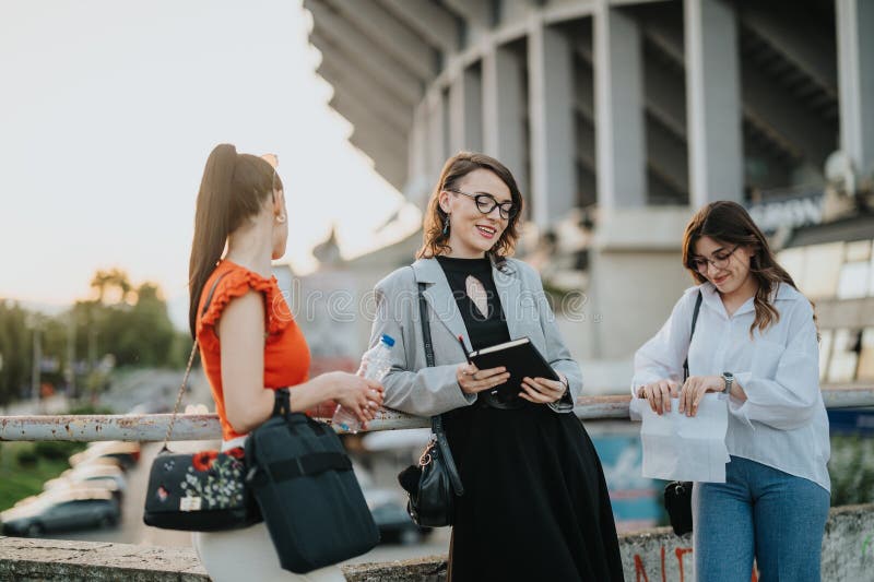 Three Businesswomen Conversing Outside Office Building, Discussing Work ...