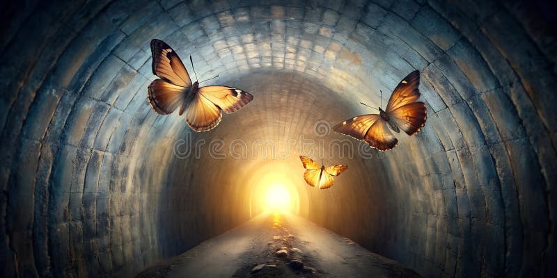 Three Butterflies Flew into the Tunnel Bright Light at the End of a ...