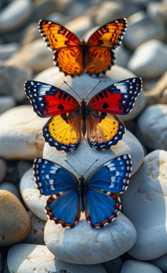 Three Butterflies are Sitting on a Rock Stock Photo - Image of pattern ...