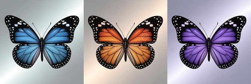 Three Butterfly Colors Blue, Orange & Purple Monarch Style Stock ...