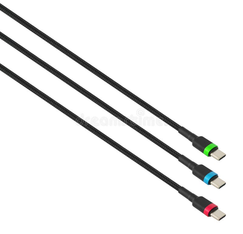 Three Cables with a USB Connector, in RGB Colors, on a White Background ...