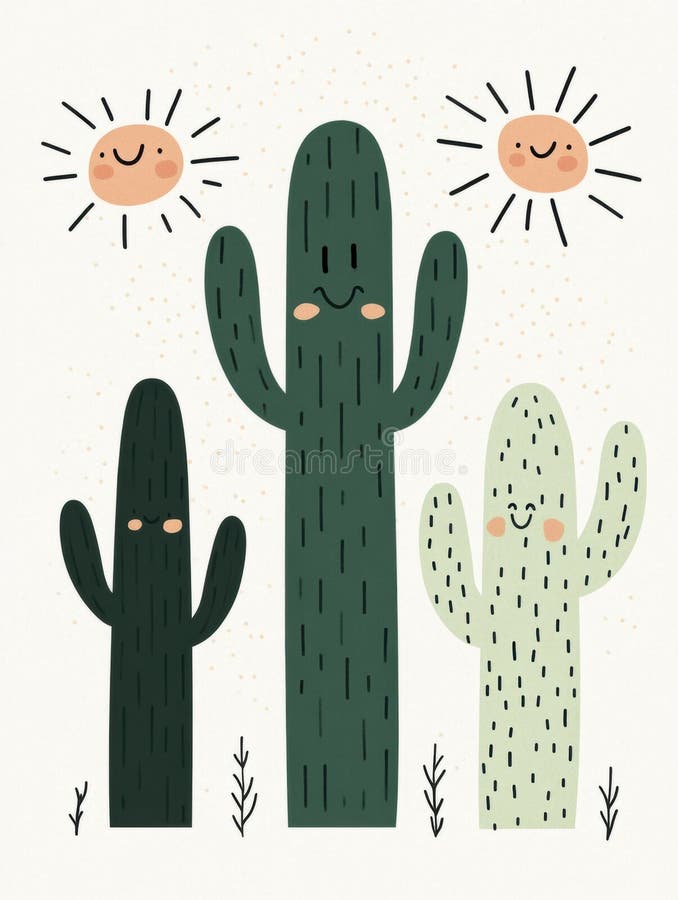 Three Cacti are Smiling and Standing in the Sun Stock Illustration ...
