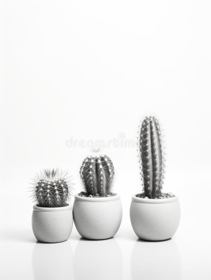 Three Cacti in White Pots are Arranged in a Row Stock Image - Image of ...