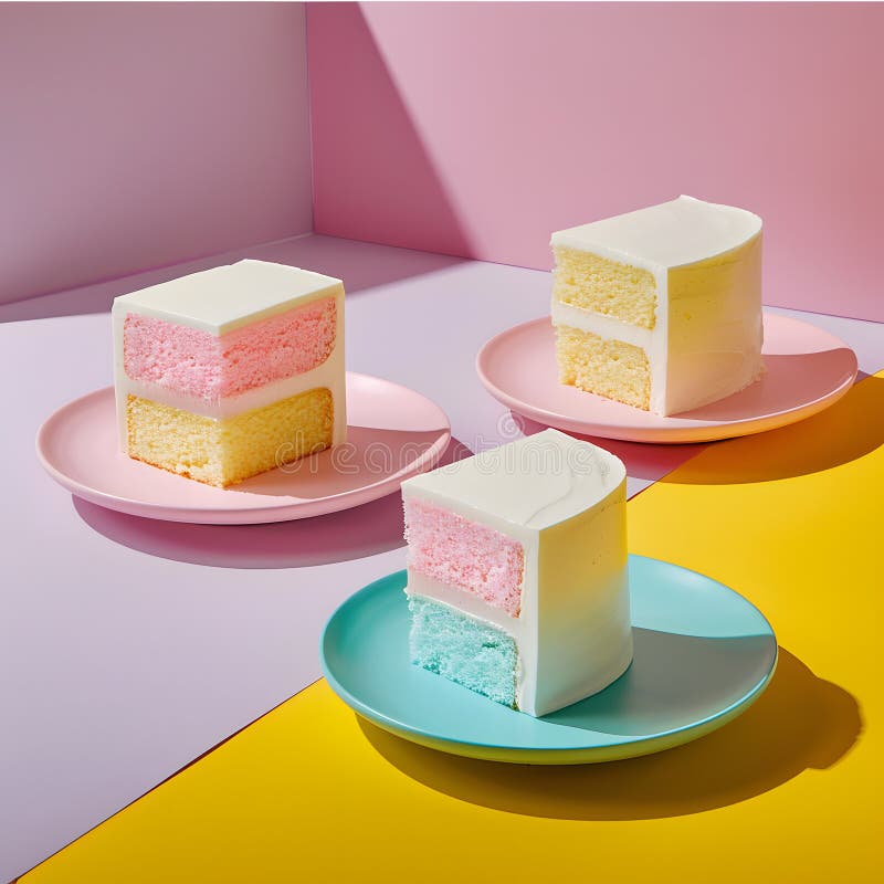 Three Cake Slices on Pink and Yellow Plates, Sweet Dessert Stock Image ...