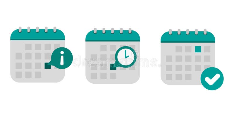 Three Calendar Icons. Info Bubble Alert. Clock Time Reminder. Vector ...