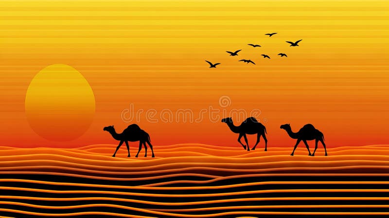 Three Camels Traverse the Desert Sands As the Sun Sets Stock Photo ...