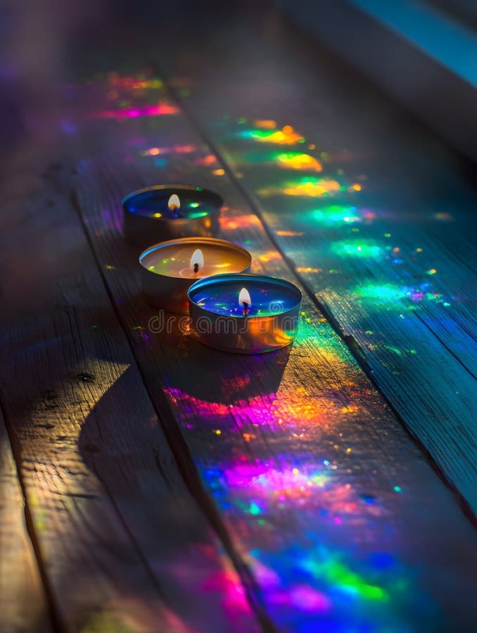 Three Candles Casting Colorful Light Reflections on a Wooden Surface in ...