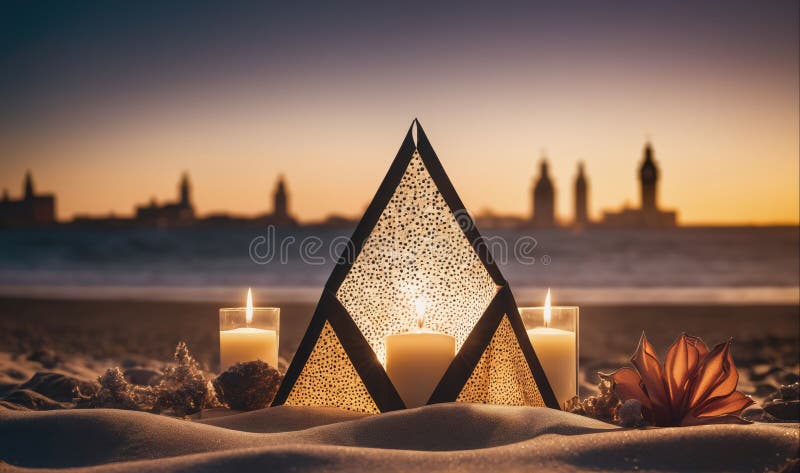 Three Candles are Lit Inside a Metal Pyramid on the Beach at Sunset ...