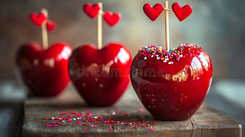 Three Candy Apples Shaped Like Hearts Decorated with Sprinkles Stock ...