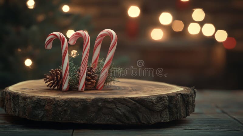 Three Candy Canes Resting on a Wooden Slice Stock Illustration ...