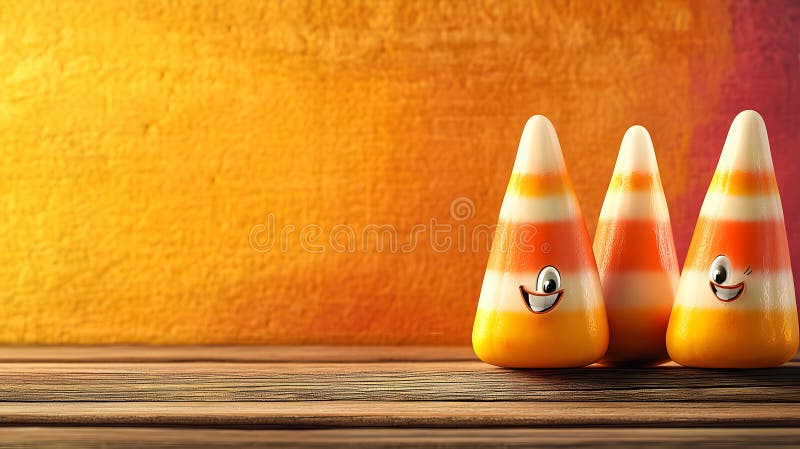Three Candy Corn Pieces on a Wooden Surface with an Orange Background ...