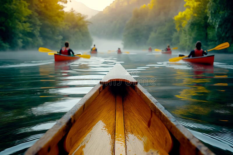 Three Canoes in a River are on the Water As People Paddle Down it Stock ...