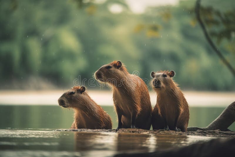 Three Capybaras are Sitting on a Log in the Water Stock Illustration ...