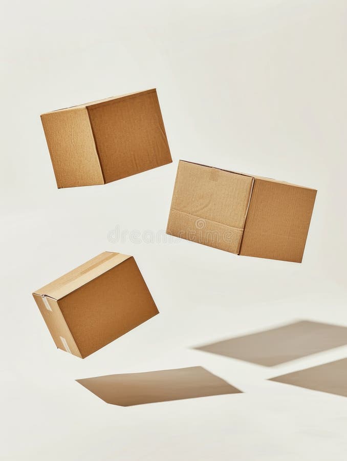 Three Cardboard Boxes are Flying in the Air, Creating a Sense of Motion ...