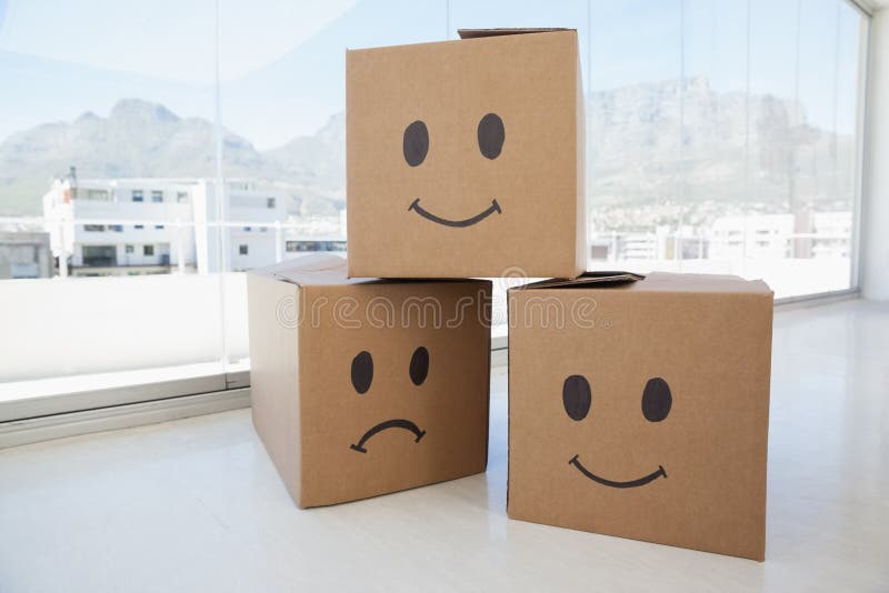 Boxes with Smiley Faces on it. Happy Couple Together in Their New House ...
