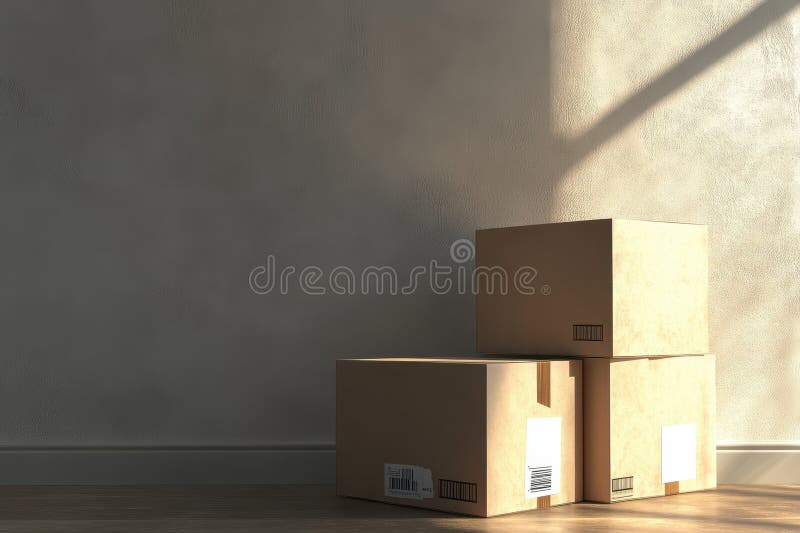Three Cardboard Boxes Stacked Against a Wall with Sunlight Streaming in ...