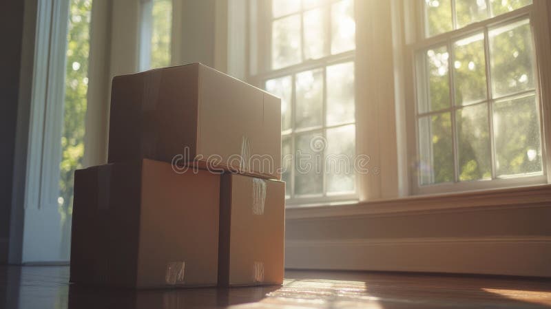 Three Cardboard Boxes Stacked by a Window with Sunlight Streaming ...