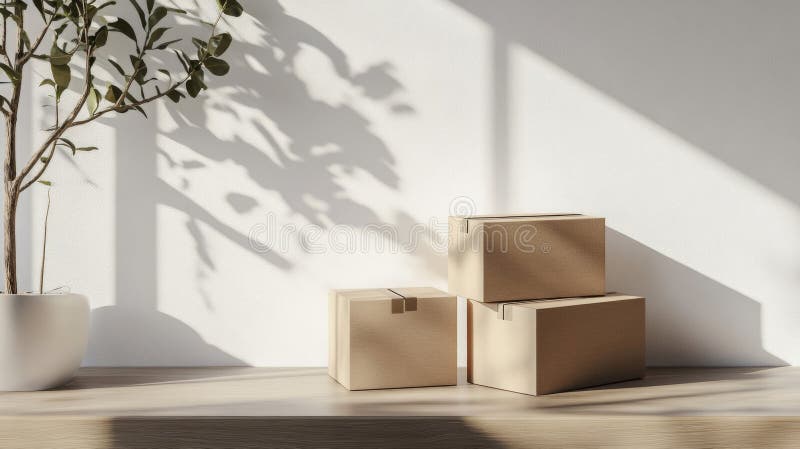 Three Cardboard Boxes in Sunlight on Wooden Table Stock Illustration ...