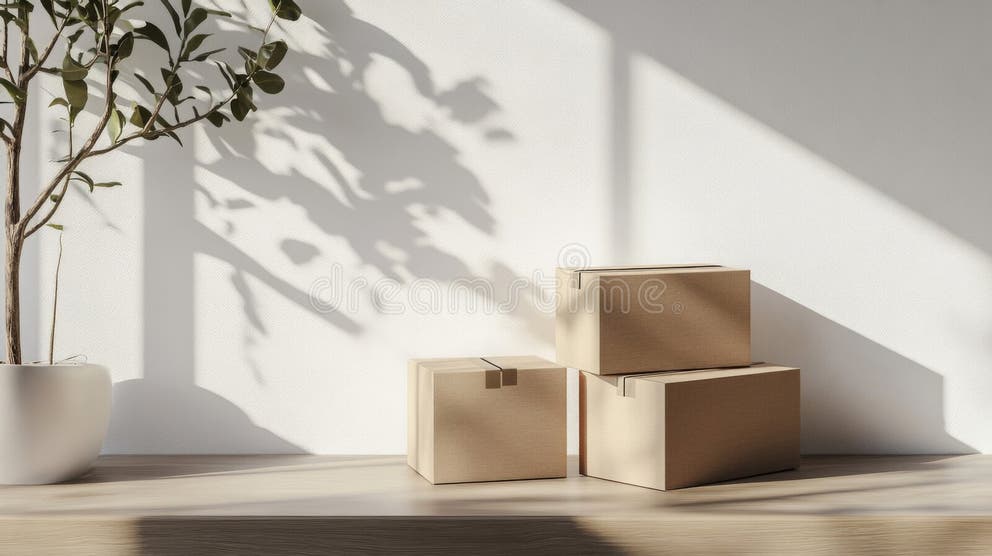 Three Cardboard Boxes in Sunlight on Wooden Table Stock Illustration ...