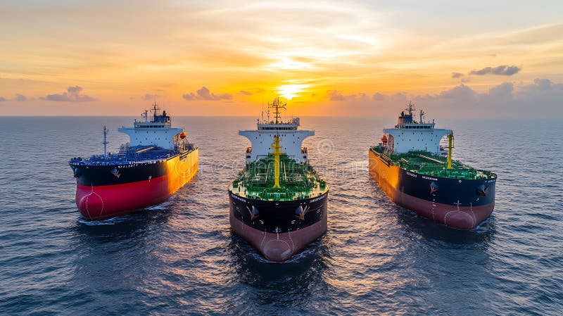 Three Cargo Ships at Sunset Stock Illustration - Illustration of three ...