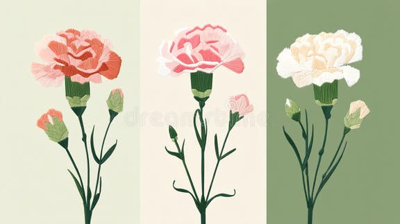 Three Carnations are Depicted in a Digital Illustration, Each on a ...