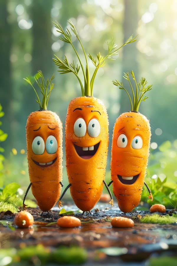 Three Carrots with Funny Faces in the Forest. Generative AI Stock Photo ...