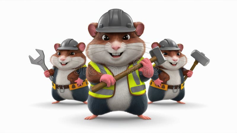 Three Cartoon Characters in Construction Gear Holding Tools, AI Stock ...