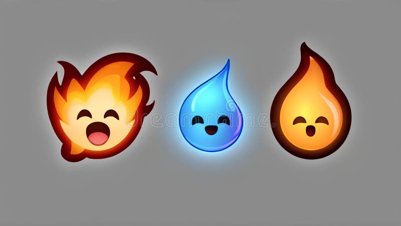 Three Cartoon Faces with Fire, Water, and Fire Again Stock Illustration ...