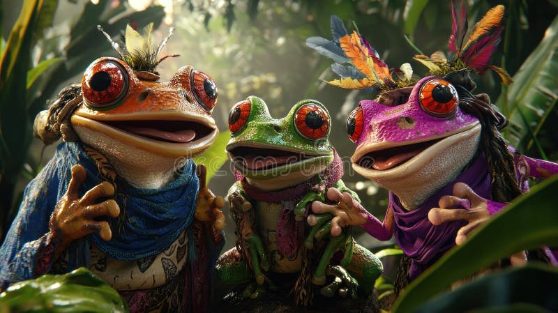 Three Cartoon Frogs Dressed in Colorful Clothing Smiling and Looking at ...