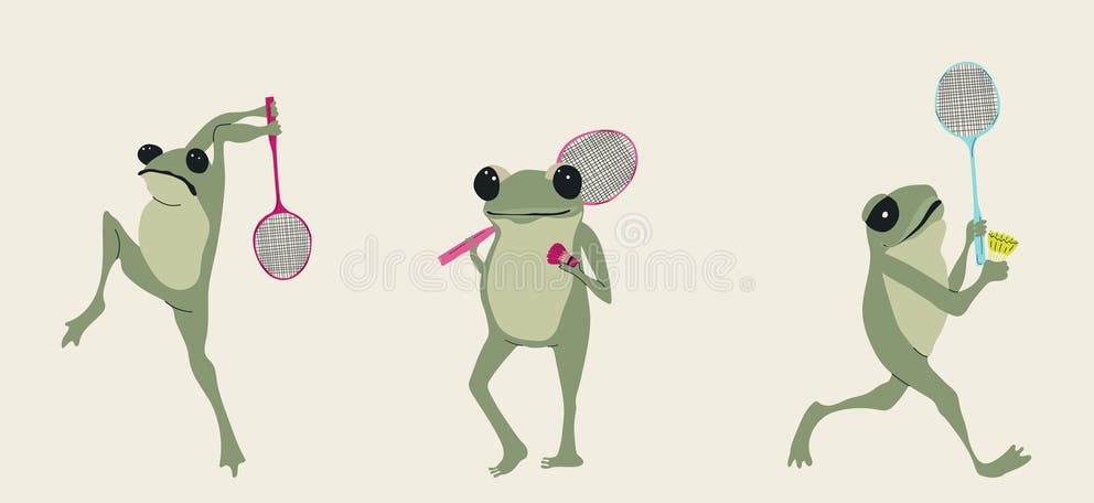 Three Cartoon Frogs Playing Badminton Stock Vector - Illustration of ...