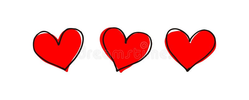 Three Cartoon Hearts in Red Color with Black Stroke Stock Illustration ...