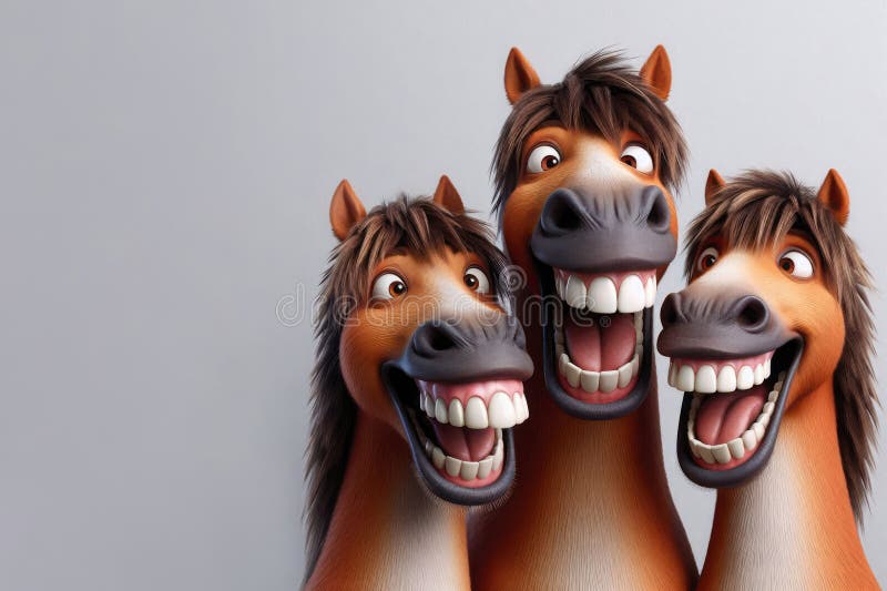 Three Cartoon Horses with Big Smiles and Huge Teeth. Space for Text ...