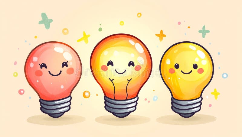 Three Cartoon Light Bulbs with Smiling Faces Stock Photo - Image of ...